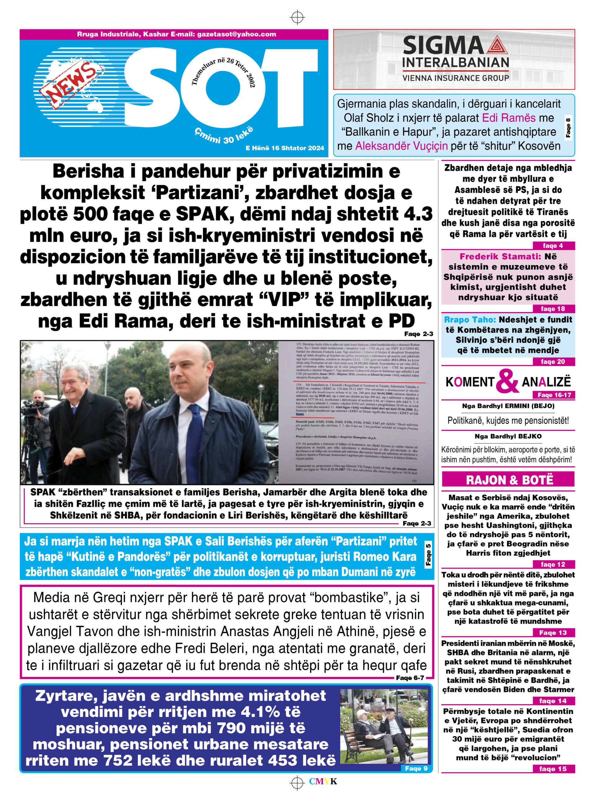 Sot në print- 16 Shtator 2024 – Sot News | News